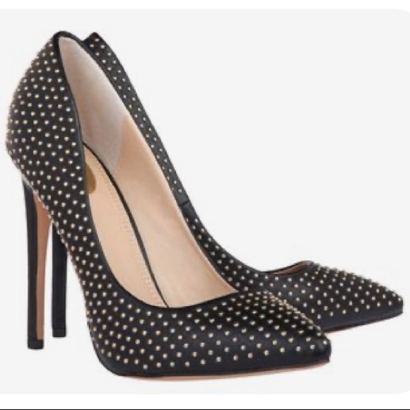 Janiko | Shoes | Janiko Black Leather Luxury Heel With Gold Studs ...